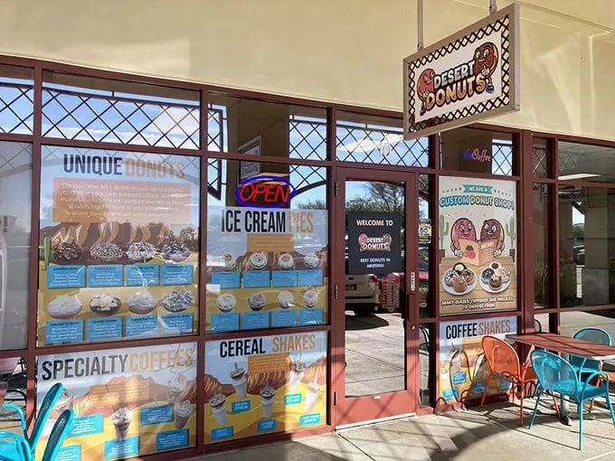 Welcome to donut paradise! Desert Donuts' vibrant storefront promises a sugar-coated adventure that'll make your inner child do backflips.