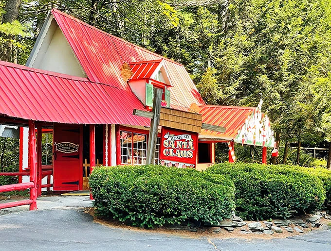 Santa's workshop or cozy ski chalet? This charming red-roofed building is where Christmas dreams come to life, even in July!