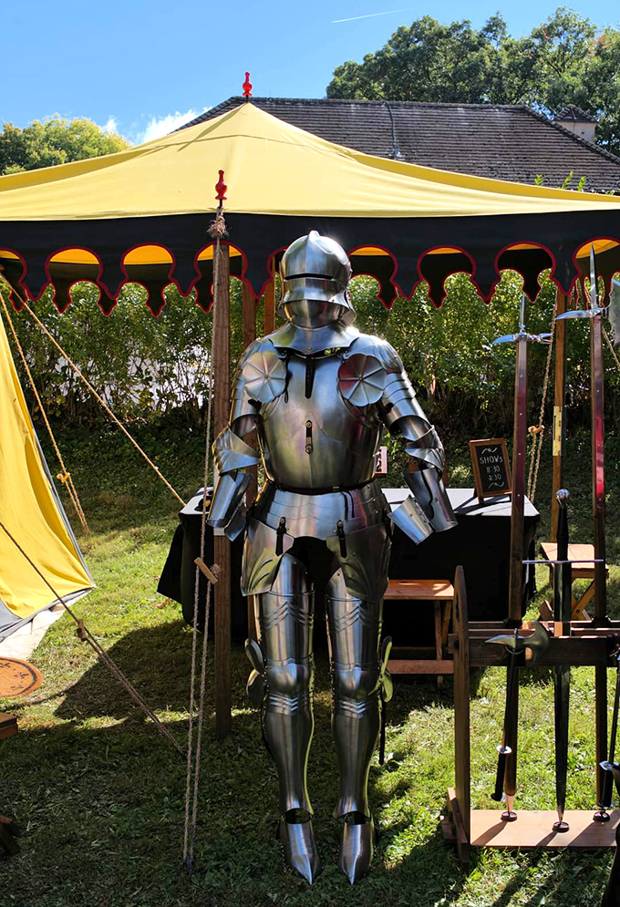Knight in shining armor, ready for action. This suit looks like it could spring to life and challenge you to a duel any minute.