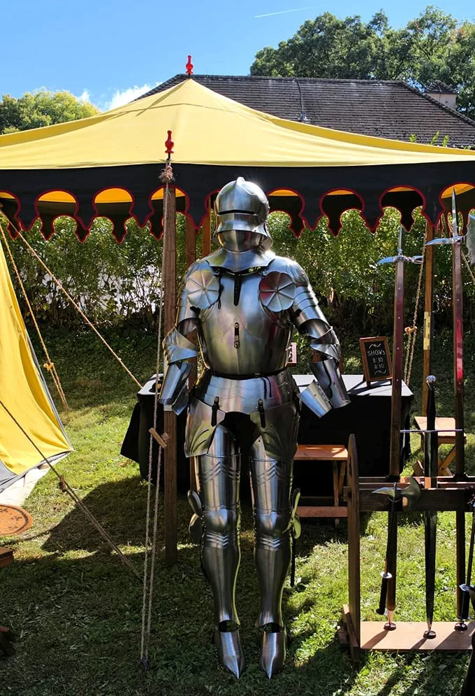 Knight in shining armor, ready for action. This suit looks like it could spring to life and challenge you to a duel any minute.