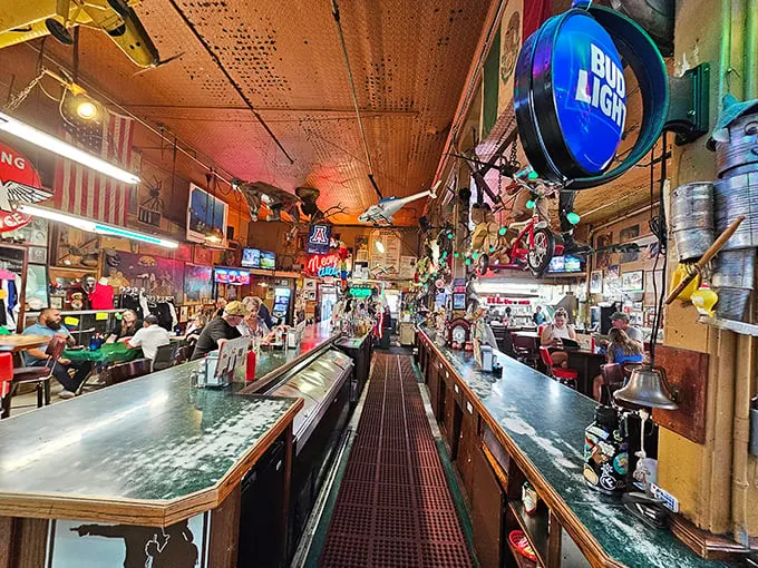Belly up to this bar of wonders! It's like your eccentric uncle's man cave collided with a 1950s diner – in the most delightful way.