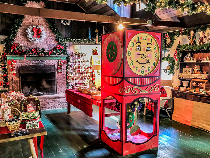 Step into Santa's living room! This cozy interior, complete with a whimsical clock, feels like the heart of the North Pole.