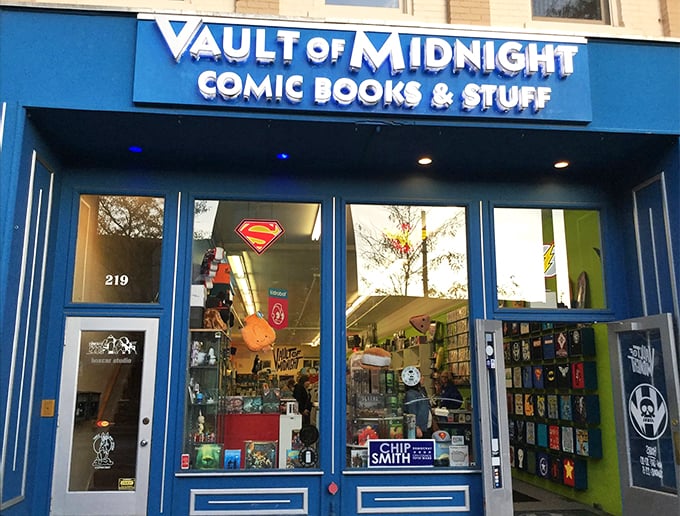 Comic book heaven or secret superhero headquarters? The Vault of Midnight's striking facade promises geeky delights within.
