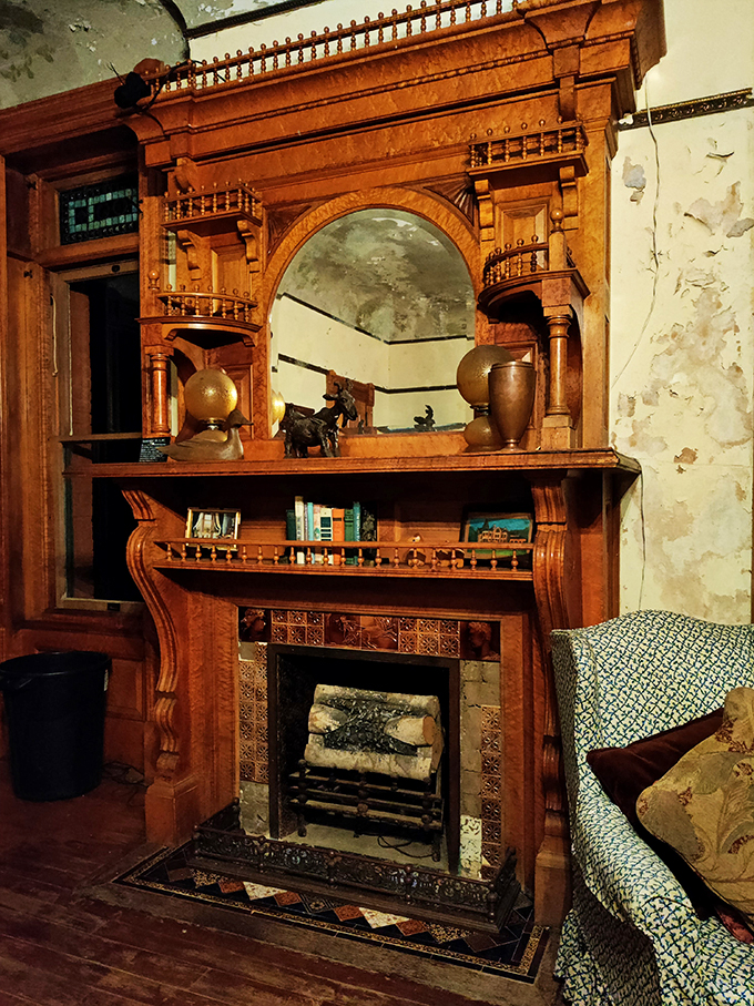 Forget "Netflix and chill" – how about "fireplace and thrill"? This ornate mantel is begging for ghost stories and hot cocoa.