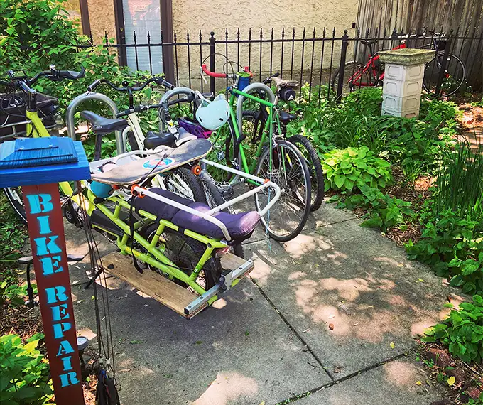 Eco-friendly fun awaits! This bike repair station proves that at Mischief, they're serious about play and playful about being serious.