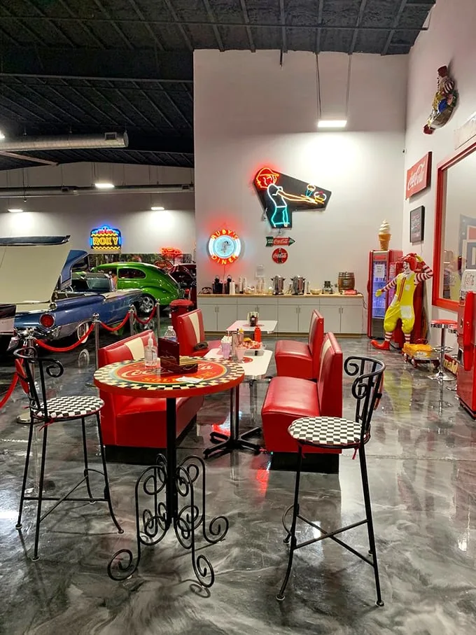 Dinner and a show! This retro diner setup is serving up a heaping helping of nostalgia with a side of neon-lit ambiance. Where's my milkshake and burger?