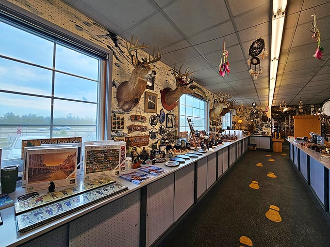 "Where tacky meets taxidermy – in the most endearing way possible!" The gift shop interior is a treasure trove of quirky keepsakes.