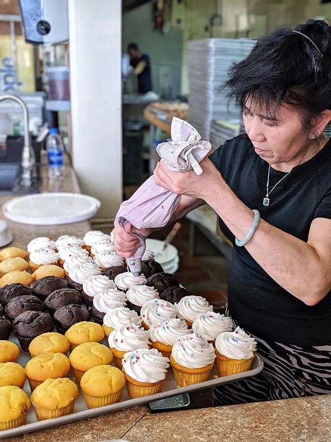 Cupcake artistry in action. Watch as these mini masterpieces get their crowning glory – a swirl of sweet, pillowy frosting.