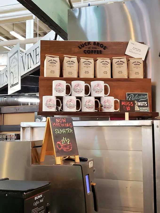 Donut devotion on display! From mugs to coffee beans, this merchandise corner lets you take a piece of donut paradise home – calories not included.