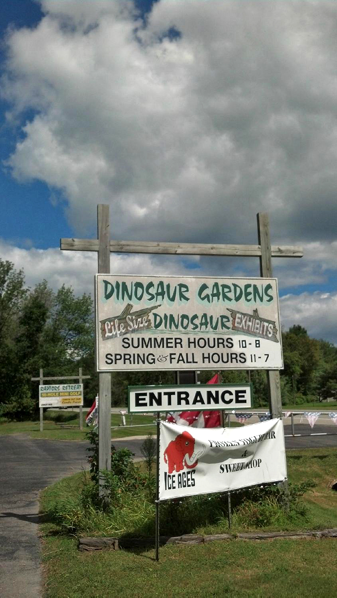 Rain or shine, the dinos are fine! This sign promises prehistoric fun no matter the weather.