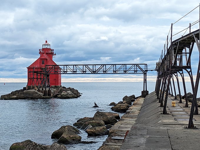 Red alert! This crimson sentinel stands guard like a maritime superhero, ready to guide ships to safety.