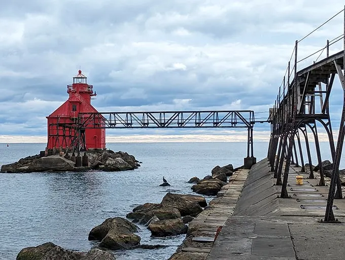 Red alert! This crimson sentinel stands guard like a maritime superhero, ready to guide ships to safety.