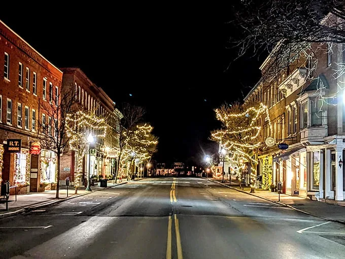 Woodstock's Main Street: Where Norman Rockwell meets Clark Griswold. Twinkling lights transform this quaint town into a winter wonderland.