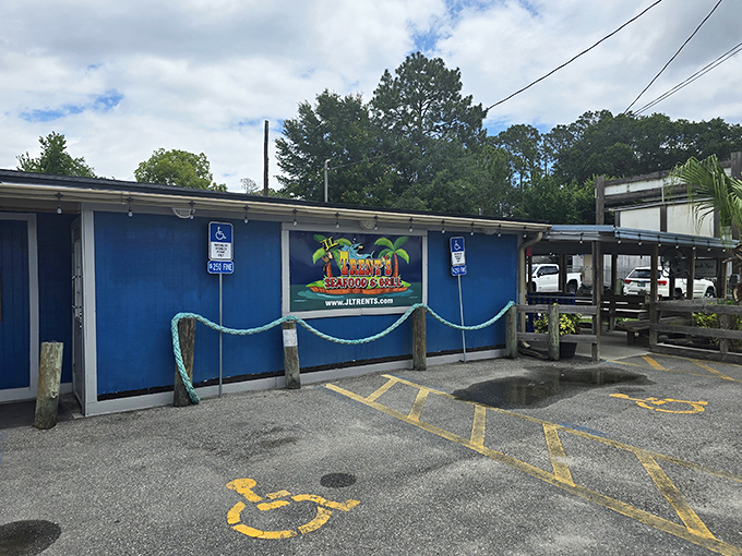 Blue exterior, endless flavor! J.L.Trent's accessibility ramp leads to a world of oceanic delights. Dive in!