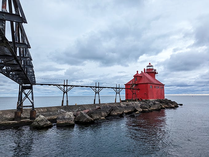 A bridge to adventure! The metal walkway invites you to step into a world where land meets lake.