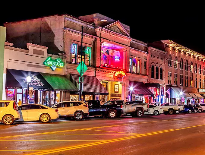 A neon-lit time machine where cowboy boots meet Santa's sleigh. History and holiday spirit collide in a dazzling display.