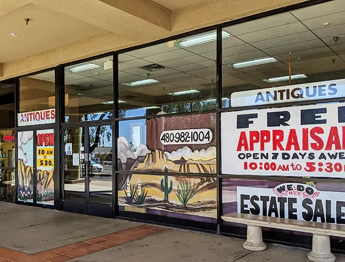 Step right up, folks! This entrance promises free appraisals and endless adventures in antiquing. It's like "Antiques Roadshow" meets "Indiana Jones."