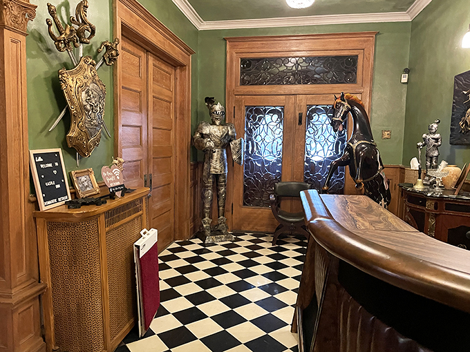 Step into a chess master's dream! The checkered floor and suit of armor create an entryway fit for royalty – or at least very fancy pawns.