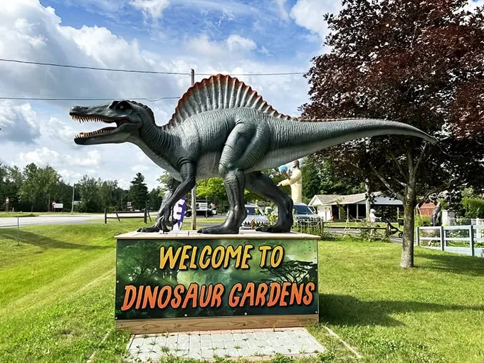 Welcome to Dino-topia! Dinosaur Gardens' entrance is like Jurassic Park meets Mayberry – charming, quirky, and delightfully prehistoric.