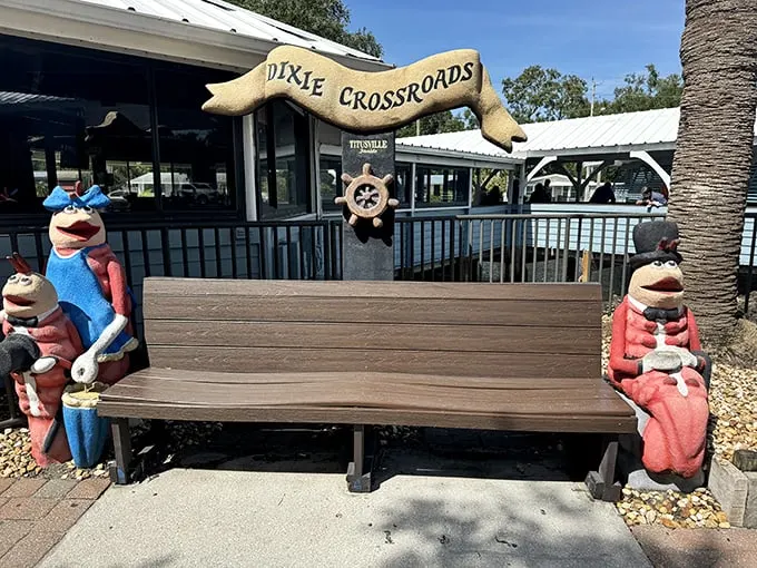 Ahoy, seafood lovers! Dixie Crossroads' whimsical bench invites you to sit a spell before diving into ocean-fresh delights.