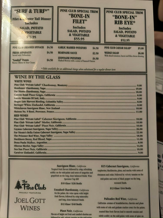 Decisions, decisions! The Pine Club's menu is a carnivore's dream, offering everything from the classic "Surf & Turf" to their signature "Bone-In Filet." Choose wisely, my friends.