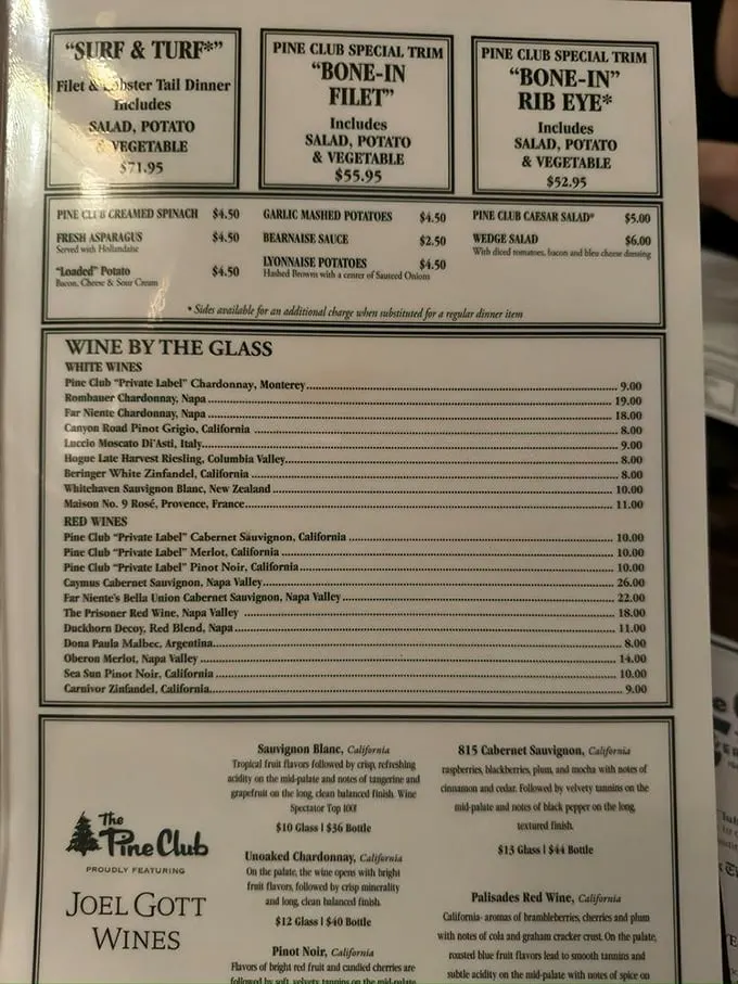 Decisions, decisions! The Pine Club's menu is a carnivore's dream, offering everything from the classic "Surf & Turf" to their signature "Bone-In Filet." Choose wisely, my friends.