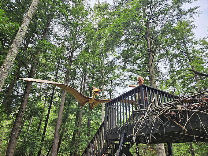 Look out below! This soaring pterodactyl brings new meaning to the phrase 'birds of a feather flock together'.