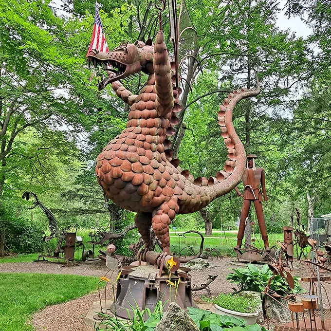 Jurassic Park meets the Iron Giant! Jurustic Park brings extinct "creatures" back to life in whimsical metal form.