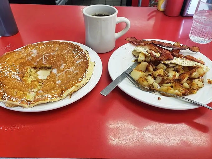The breakfast of champions: A pancake that could double as a pillow and coffee strong enough to wake the dead.