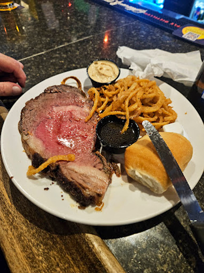 Meat the champion! This prime rib is so perfectly cooked, it could bring peace to warring nations – or at least to feuding family dinners.