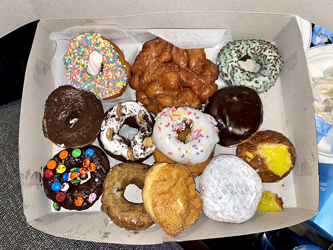 A box of joy, wrapped in cardboard! This assortment is like the Avengers of donuts – each one a superhero of sweetness.