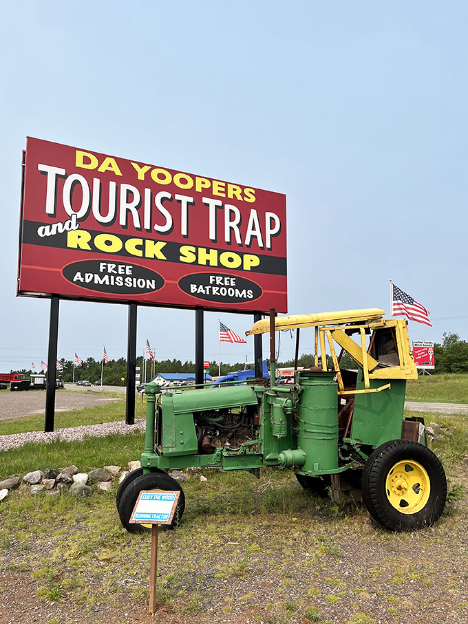 Welcome to Yooper paradise! Da Yoopers Tourist Trap's cheeky sign promises free bathrooms and a whole lot of quirky fun.