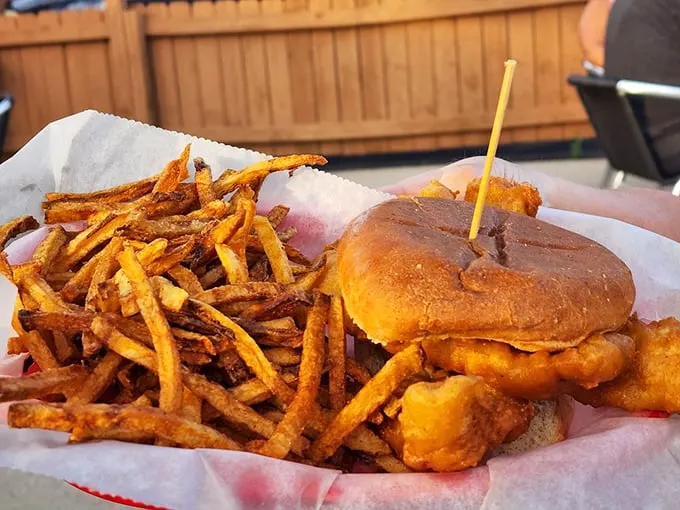 Sandwich sensation! This fish sandwich and fries combo is the Beyoncé of beach eats – it's got all the right curves and flavors in all the right places.