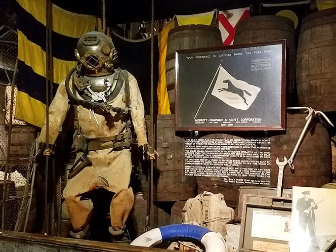 Dive into history without getting wet! This deep-sea diver's suit looks like it could be Aquaman's great-grandfather's hand-me-down.