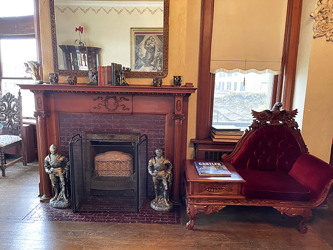 Gather 'round, noble guests! This ornate fireplace could warm even the coldest knight. Sir Lancelot would definitely approve.