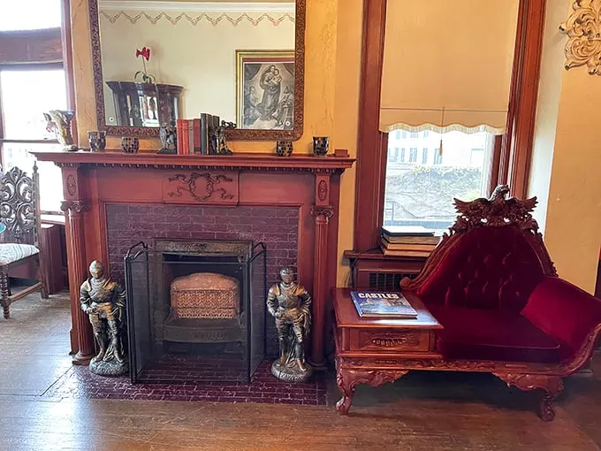 Gather 'round, noble guests! This ornate fireplace could warm even the coldest knight. Sir Lancelot would definitely approve.