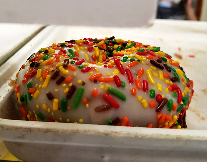 Sprinkle me happy! This donut is wearing more colors than Joseph's Amazing Technicolor Dreamcoat, and it's twice as fabulous.
