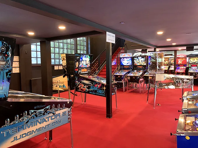 Red carpet treatment for silver balls. These stairs lead to pinball nirvana, no formal attire required.