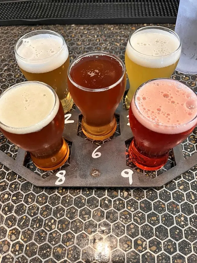 A rainbow of brews! This flight of beers is like a passport to hop heaven, no frequent flyer miles required.