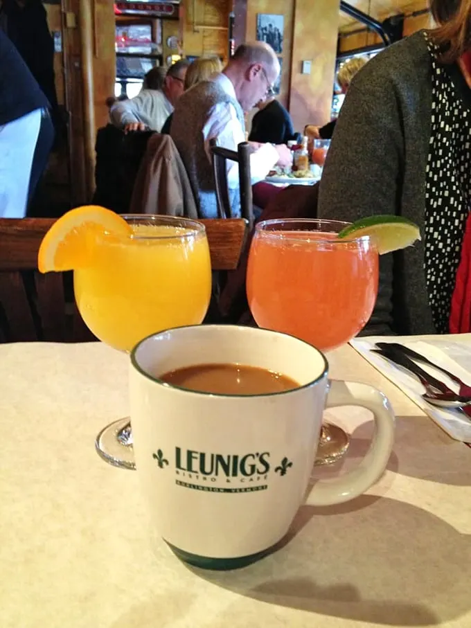 Morning fuel, Leunig's style. Coffee to wake you up, juice to remind you that fruits exist outside of mimosas.