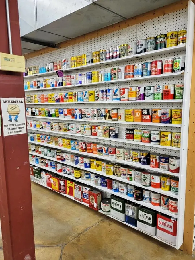 Can you believe it? This wall of vintage oil cans is a colorful tribute to America's love affair with the automobile. It's automotive art!