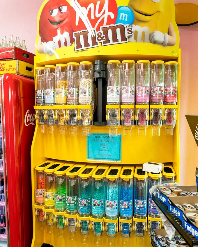 M&M's mania! This colorful display is like a deconstructed rainbow, proving that sometimes, happiness does melt in your hand.