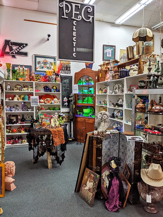 "Peg eclectic lives here" indeed! This booth is a kaleidoscope of quirky collectibles that would make Wes Anderson swoon.