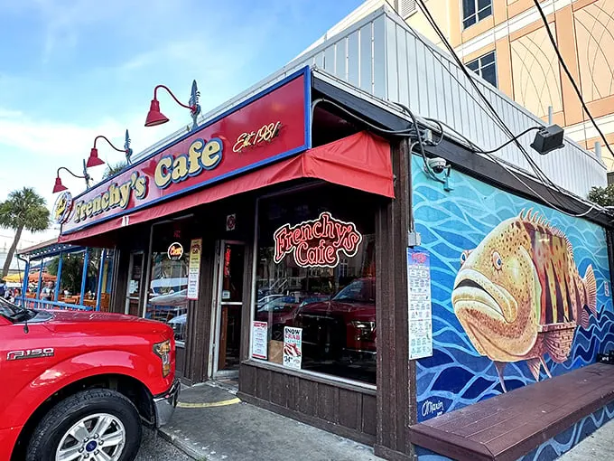 Frenchy's: Where the building is as colorful as the flavors, and every bite is a mini vacation for your taste buds.