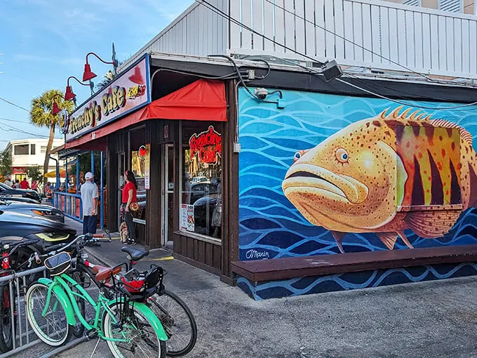 Frenchy's facade: A vibrant promise of seafood delights. It's like a postcard you can eat!