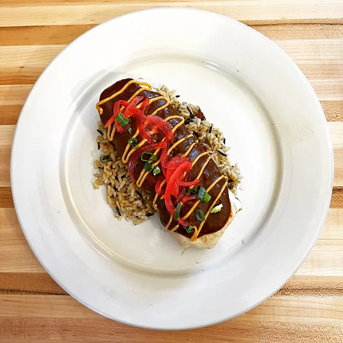 Three Sisters Burrito: a family reunion of flavors! The mole sauce is so good, you might want to write it a thank-you note.