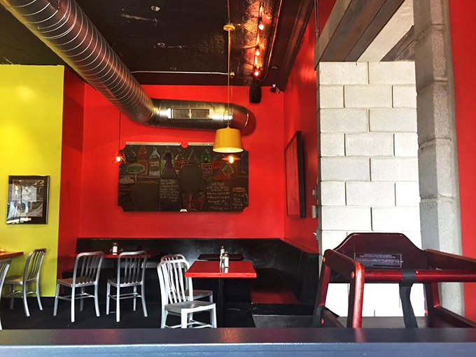 Red hot and ready to roll! The Fly Trap's interior is a bold mix of colors and textures that'll kickstart your day.