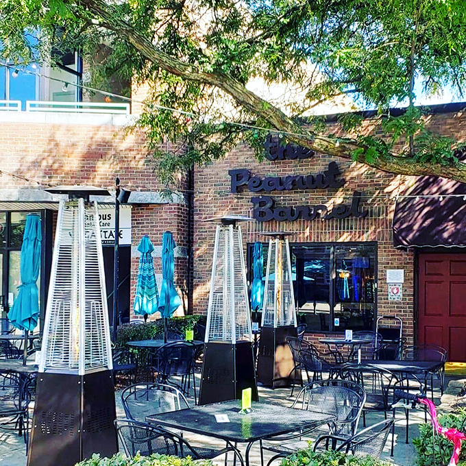 Roadside relaxation station! The Peanut Barrel's inviting patio is the ideal spot to park yourself and refuel.