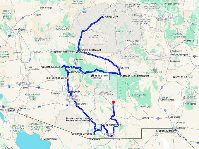 homey restaurants arizona trip map