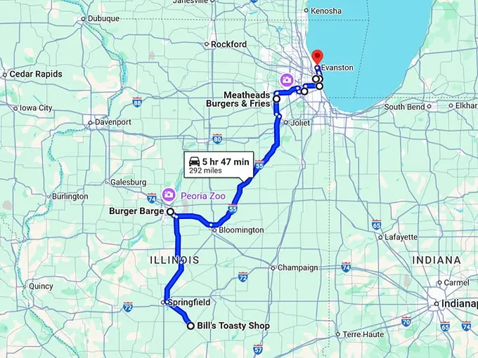 illinois sandwich road trip map